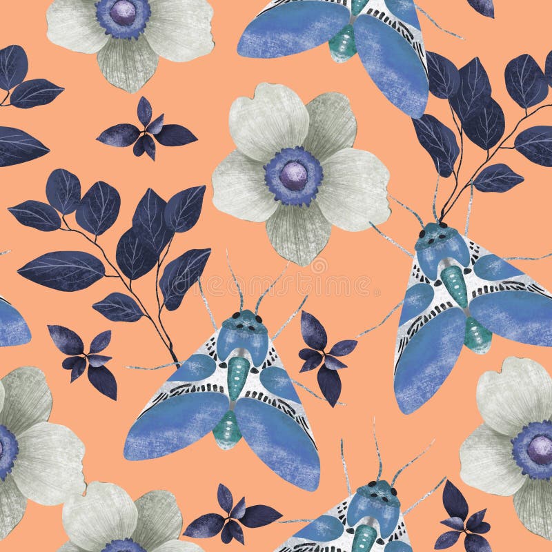 Pattern with Moths and Herbs Stock Image - Image of blossom, fabric ...