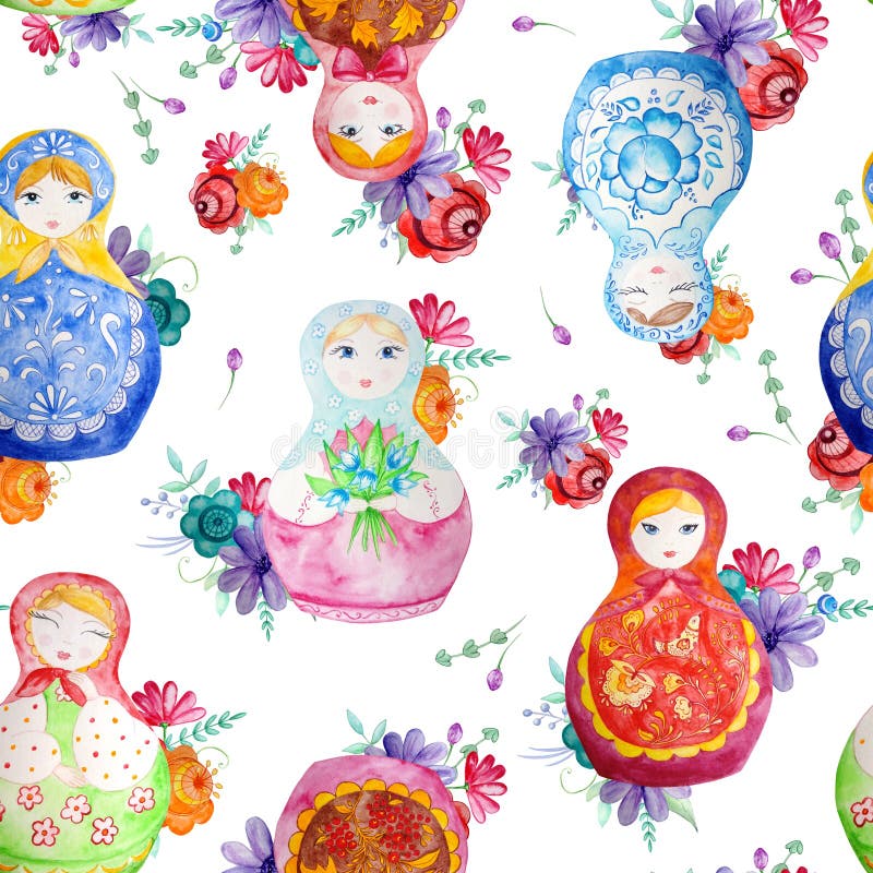 Pattern of Nesting Dolls and Flowers on a White Background Stock ...