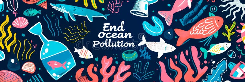 Pattern with Ocean Plastic Pollution Icons and End Ocean Pollution ...