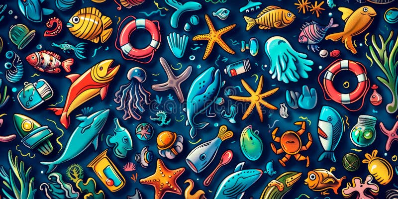 Pattern with Ocean Plastic Pollution Icons and End Ocean Pollution ...