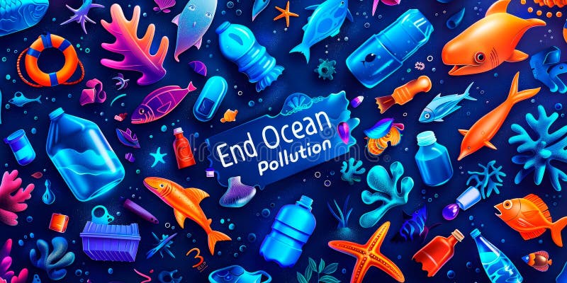 Pattern with Ocean Plastic Pollution Icons and End Ocean Pollution ...