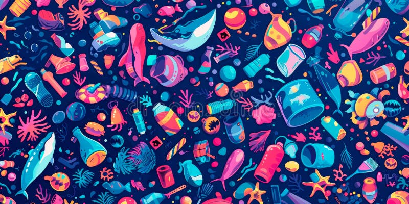 Pattern with Ocean Plastic Pollution Icons and End Ocean Pollution ...