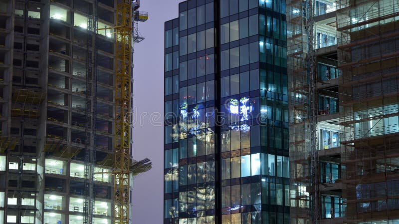 The Building Under Construction Illuminated at Night Stock Photo ...