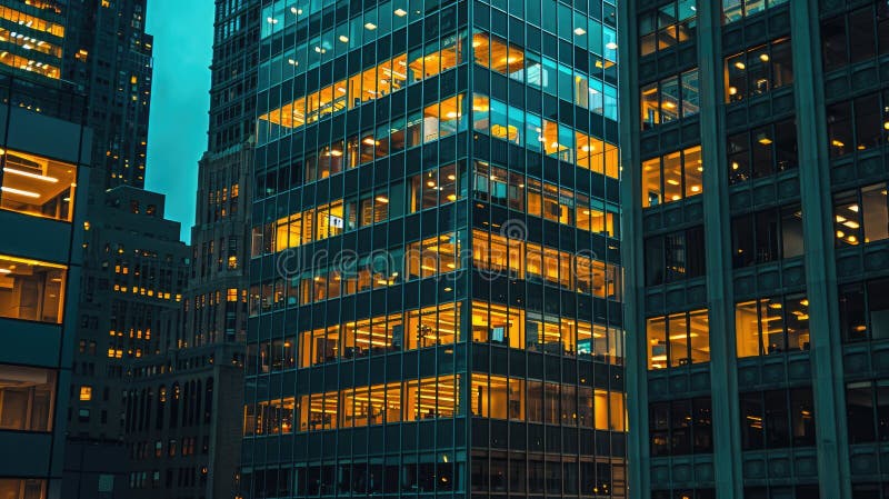 Pattern of Office Buildings Windows Illuminated at Night, Modern Office ...