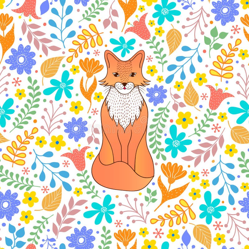 Pattern with Orange Fox and Flowers Stock Vector - Illustration of ...