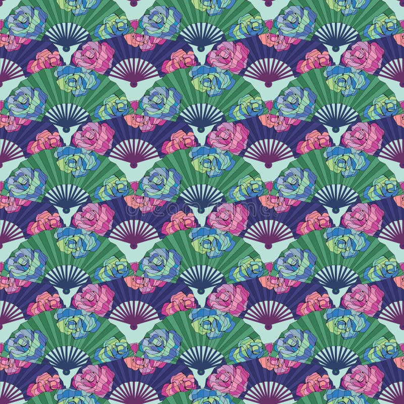 PATTERN Oriental Fan Decorated with Roses Flowers Stock Vector ...