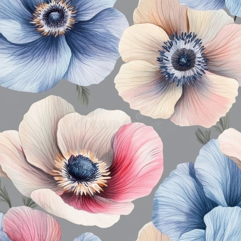 A Pattern of Pastel Watercolor Blooms on a Gray Base, Suitable for Use ...