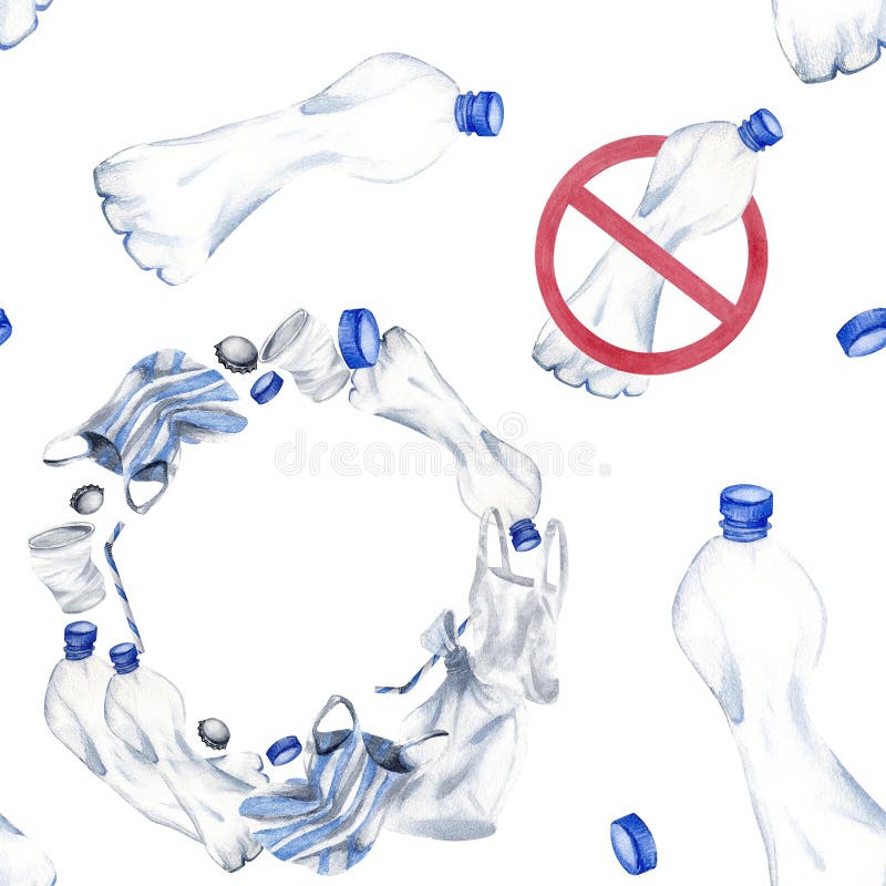 Pattern with Plastic Objects. Bottle Crossed Out with a Red Prohibition ...