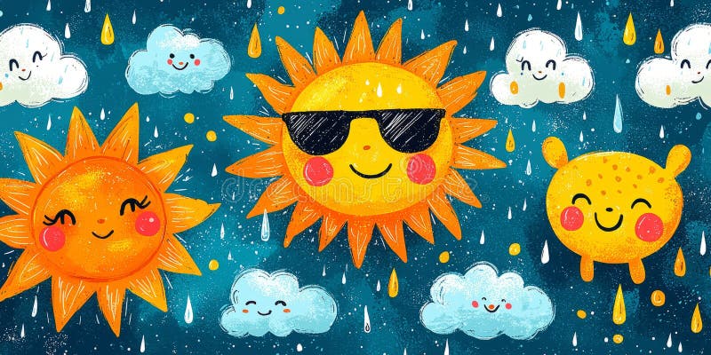 Pattern with Playful Motifs of Sun, Rain, Clouds Stock Image - Image of ...