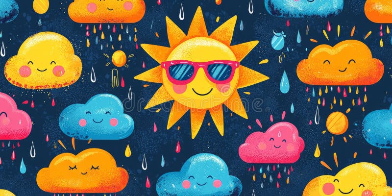 Pattern with Playful Motifs of Sun, Rain, Clouds Stock Photo - Image of ...