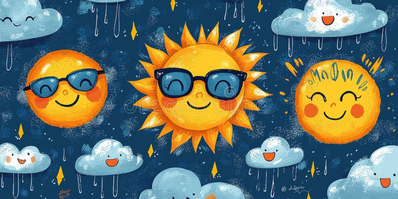 Pattern with Playful Motifs of Sun, Rain, Clouds Stock Photo - Image of ...