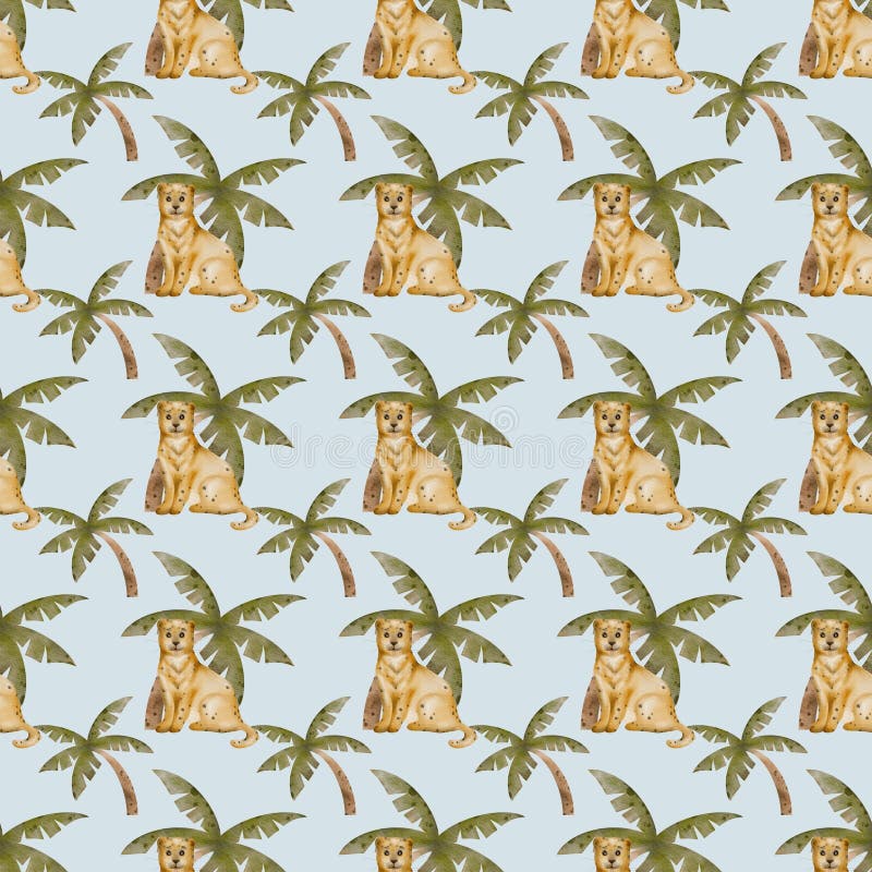 Pattern of Playful Puppies and Palm Trees on a Light Blue Background ...