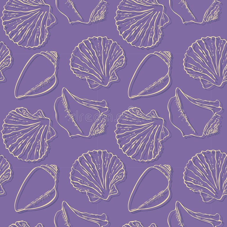 Pattern Purple Violet with Seashells Hand Drawn Doodle. Stock Image ...