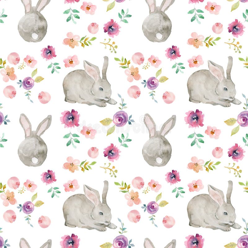 Pattern with Rabbits Hand Drawn Watercolor Pastel Colors Blossom Spring ...