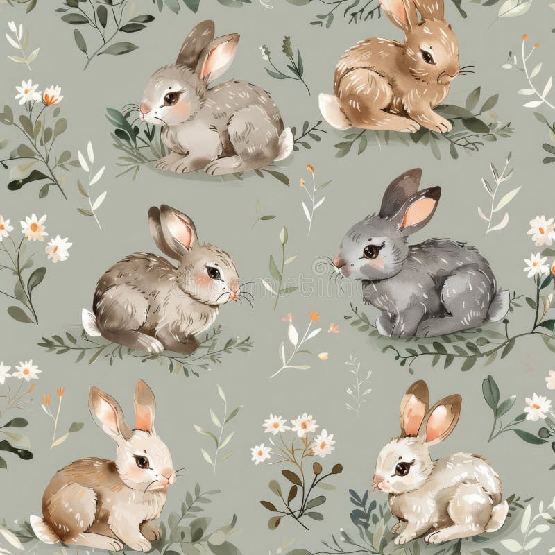 A Pattern of Rabbits is Shown in a Green Field with Flowers Stock ...