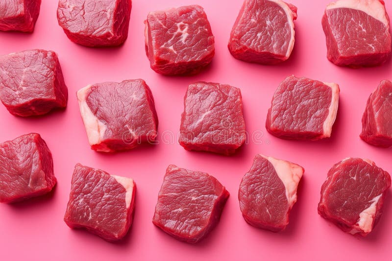Pattern of Raw Beef Cubes on a Pink Background Stock Illustration ...