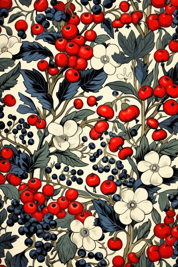 A Pattern with Red Berries and White Flowers, AI Stock Illustration ...