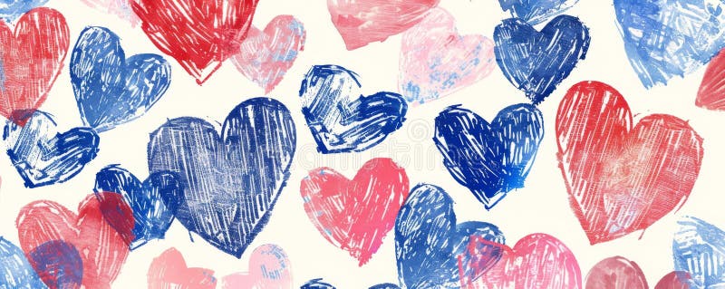 Pattern with Red and Blue Hand-drawn Hearts, Seamless Background. Love ...