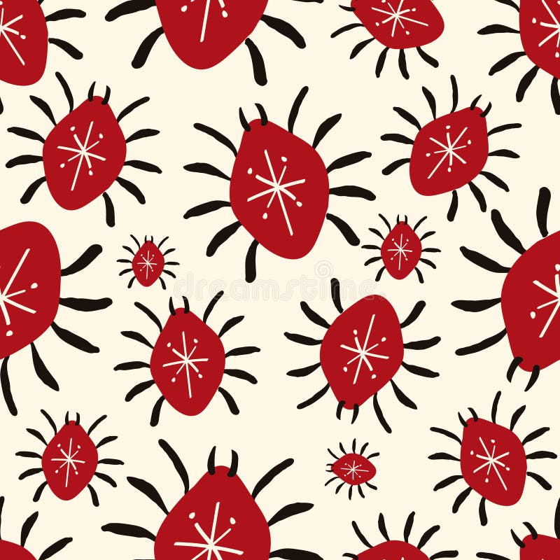 A Pattern of Red Bugs with Black Spots on a Beige Background Stock ...