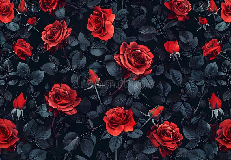 Dark Romantic Red Rose Floral Pattern Stock Illustration - Illustration of gothic, seamless ...