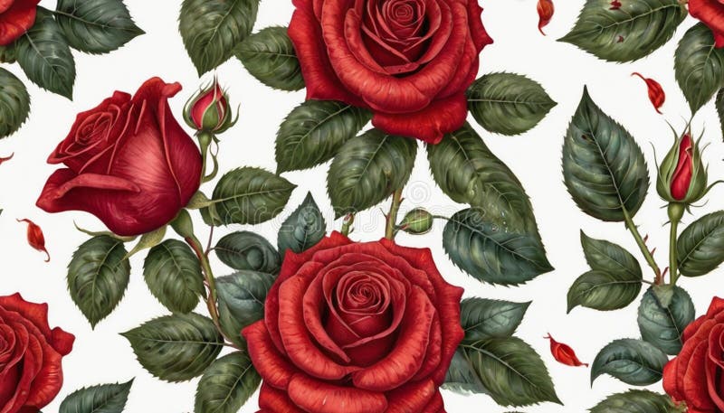 Pattern with Red Roses and Green Leaves on a White Background. Layout ...