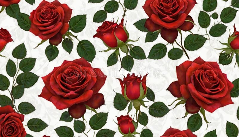 Pattern with Red Roses and Green Leaves on a White Background. Layout ...