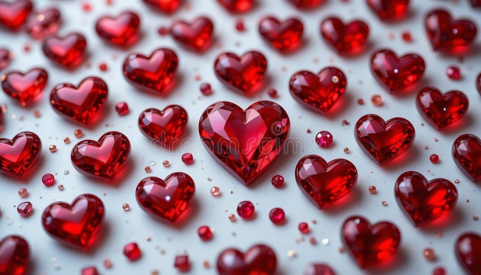 A Pattern of Red Ruby Hearts and Small Gems Scattered on a Light ...