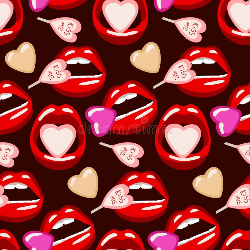 A Pattern with Red Lips in the Form of a Candy, a Mouth with a Candy ...