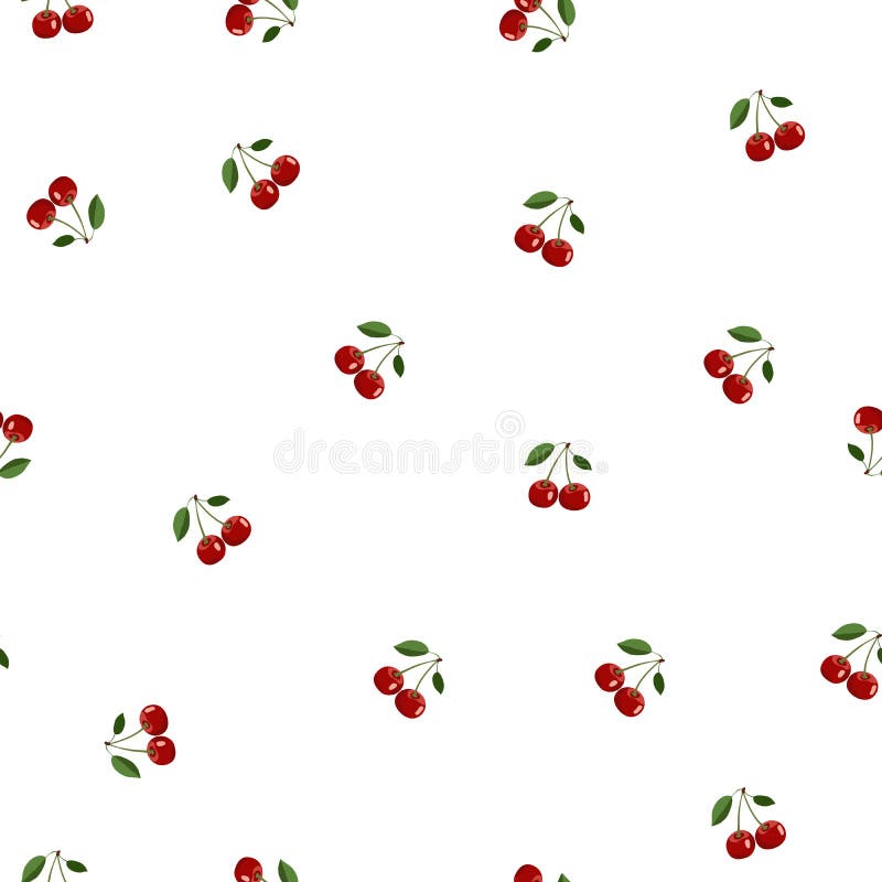 Pattern of Red Small Cherry Same Sizes with Leaves on White Background ...