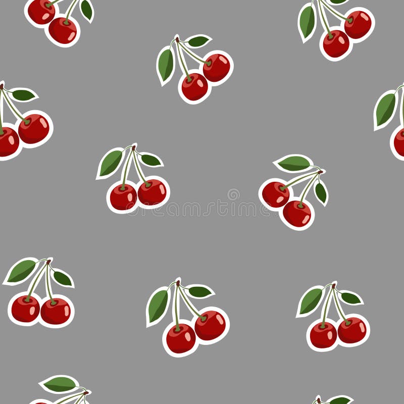 Pattern of Red Small Cherry Stickers Same Sizes with Leaves on Gray ...