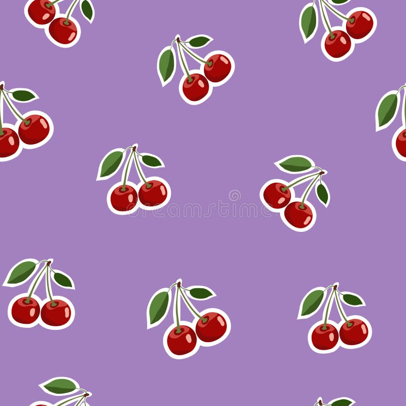 Pattern of Red Small Cherry Stickers Same Sizes with Leaves on Purple ...