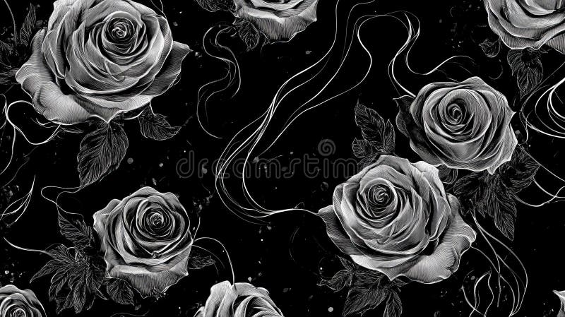 Rose Silhouettes Swirl in Pattern on Black Background AR 169 Stock ...