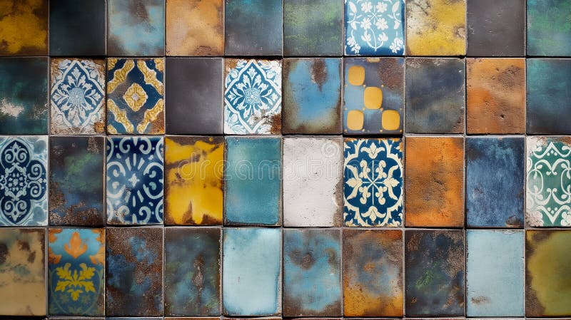 A Pattern of Rustic, Multi-colored Tiles, Each with Its Unique Design ...