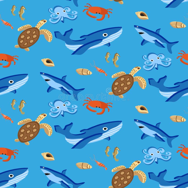 A Pattern of Sea Creatures on a Blue Background for Printing or ...