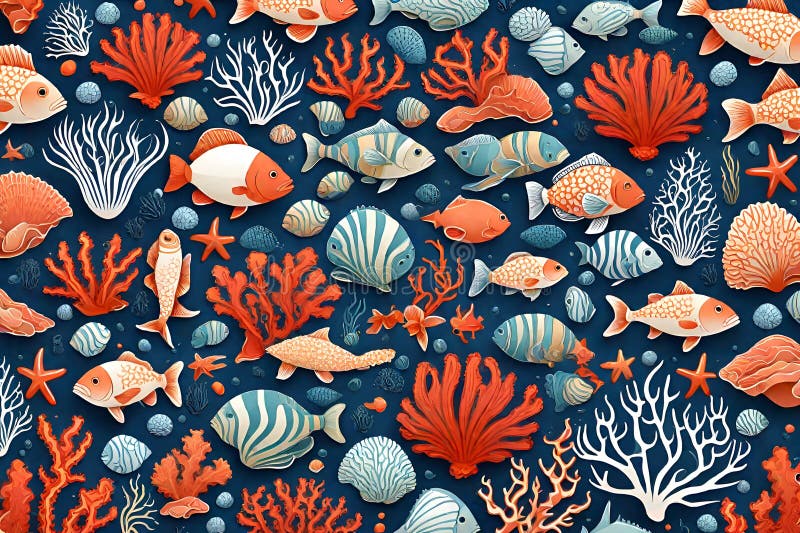 Pattern with Sea Creatures, Fish, Sea Shell, Corals, Starfish Stock ...