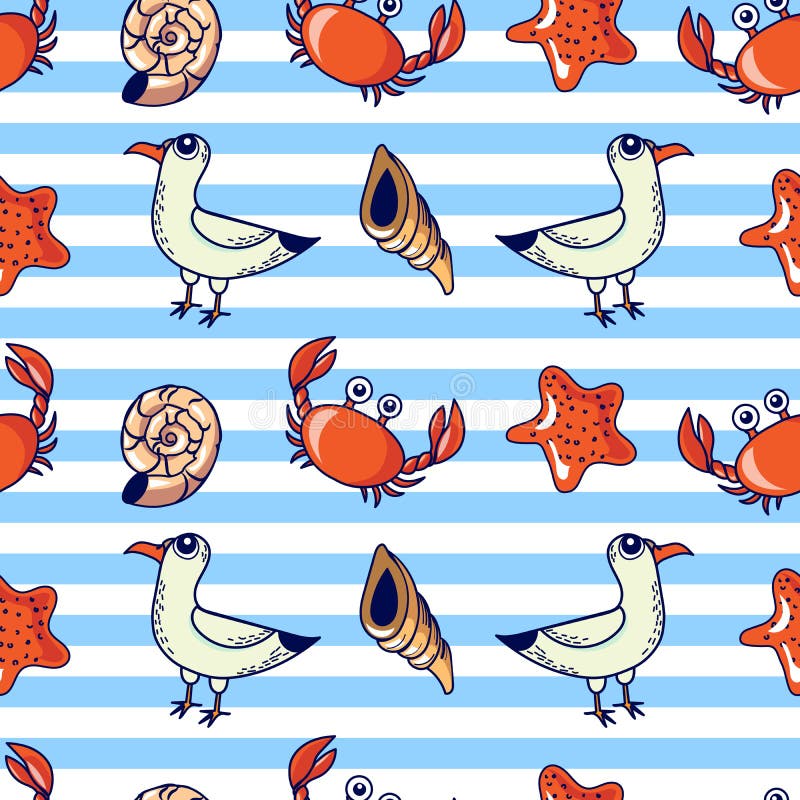Pattern with Seagull, Crab and Shell Stock Vector - Illustration of ...