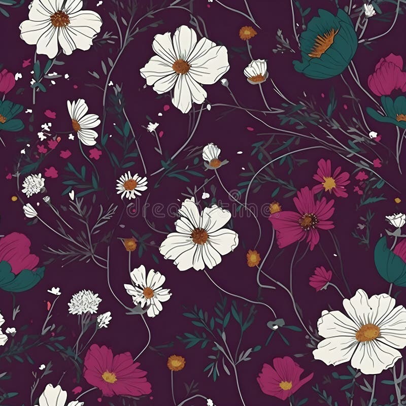 Pattern Seamless Cosmos Flowers Depicted with Delicate Lines Stock ...