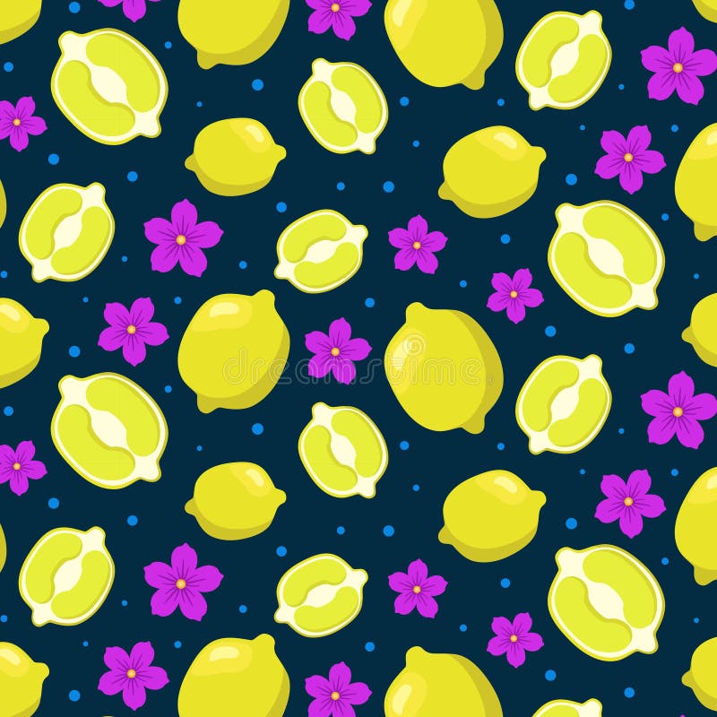 Pattern is Seamless with Yellow Lemon, Flowers, Circles on Dark ...