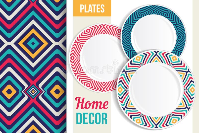 Pattern and Set of Decorative Plates. Stock Vector - Illustration of ...
