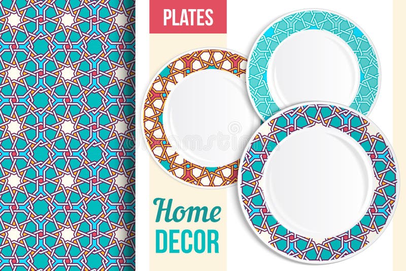 Pattern and Set of Decorative Plates. Stock Vector - Illustration of ...