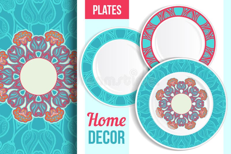 Pattern and Set of Decorative Plates. Stock Vector - Illustration of ...