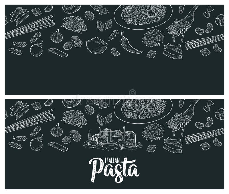 Pattern Set with Different Types of Pasta. Vector Vintage Engraving ...