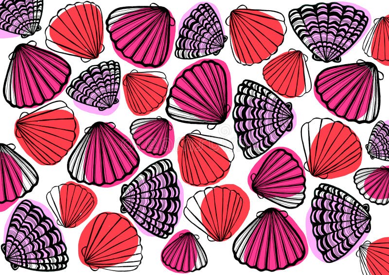 Pattern with Shells on a White Background. Drawing with a Black Outline ...