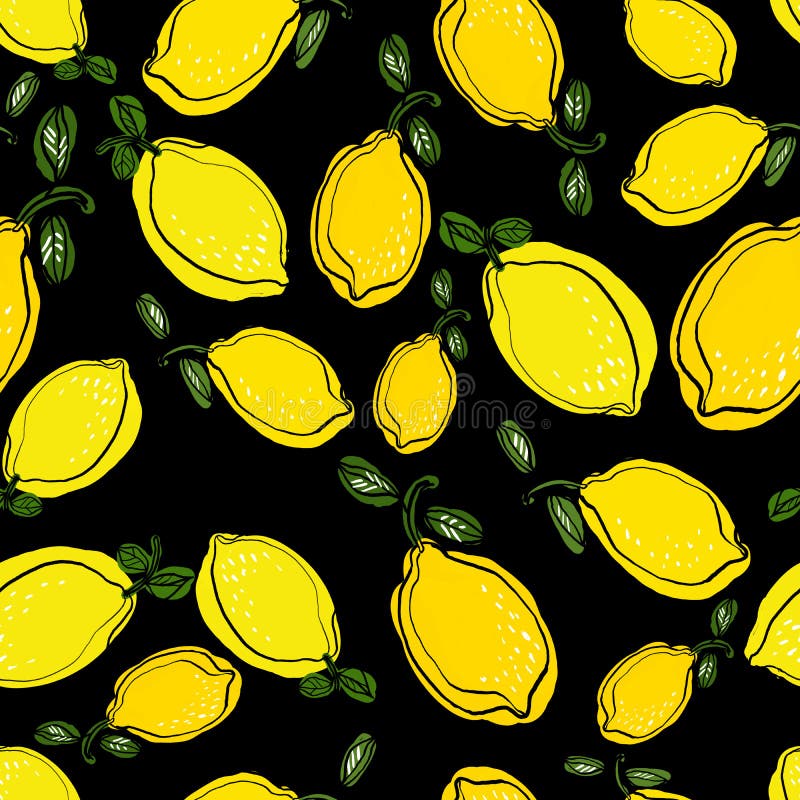 Pattern with Simply Drawn Yellow Lemons on Black Background Stock ...