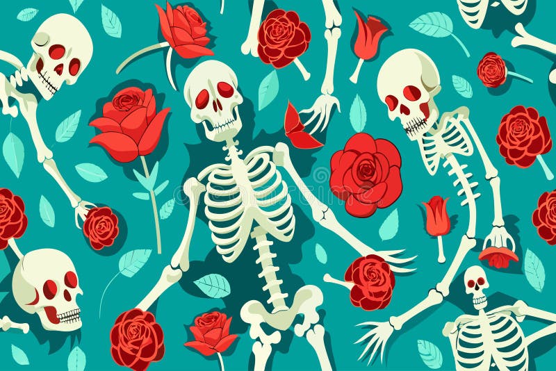 A Pattern of Skeletons and Roses with a Skeleton Holding a Rose Stock ...