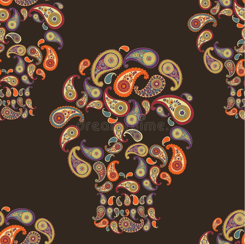 Pattern with Skulls and Paisley Stock Vector - Illustration of east ...