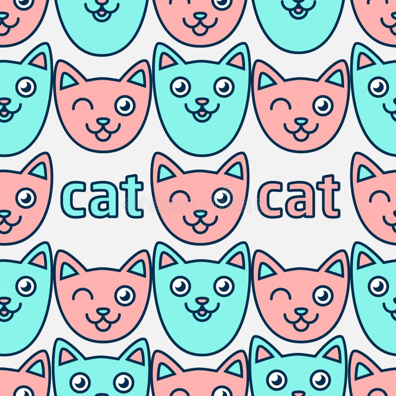 Pattern with Smiling Cats. Pink and Blue Faces of Cats Stock Vector ...