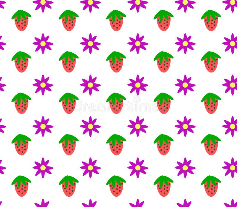Pattern with Strawberries and a Flower on a White Background. Stock ...
