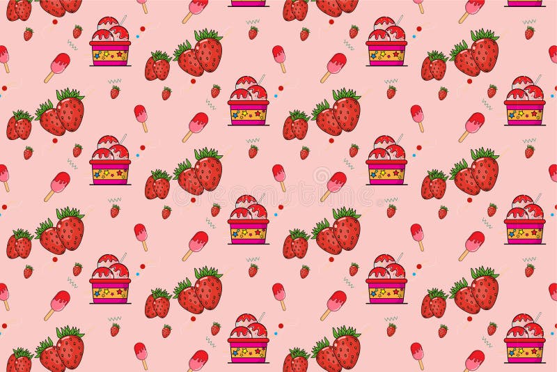 Pattern with Strawberry Flavored Cup and Stick Ice Cream Elements and ...