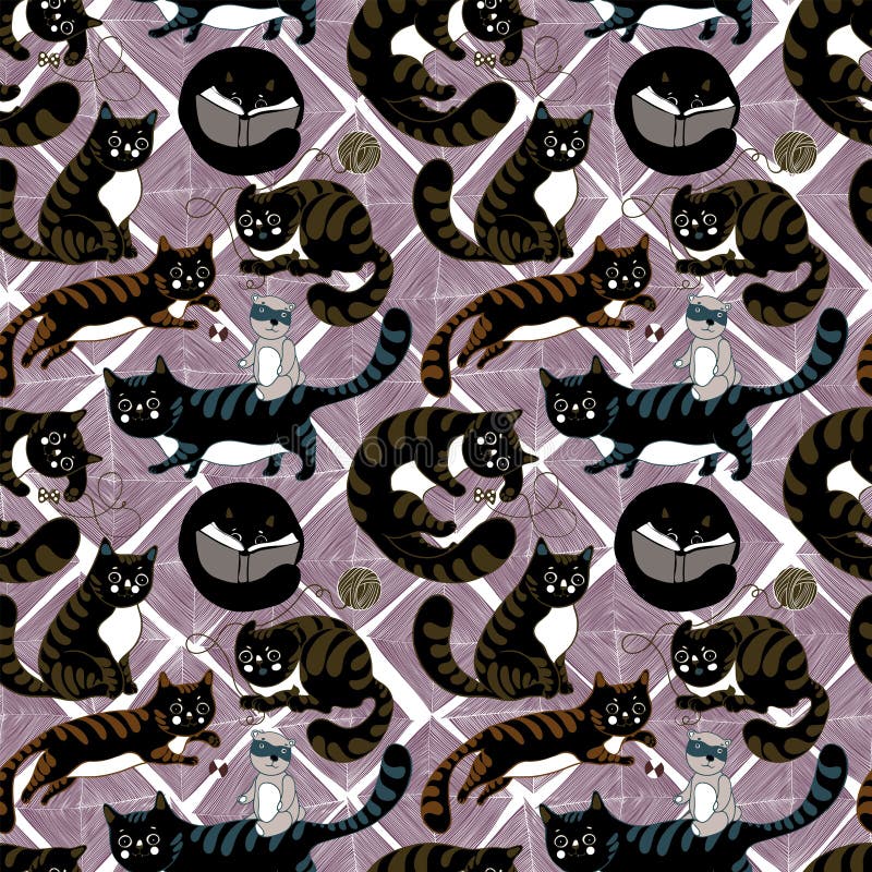Pattern with Striped Cats Playing Toys, Books, a Ball of Thread ...